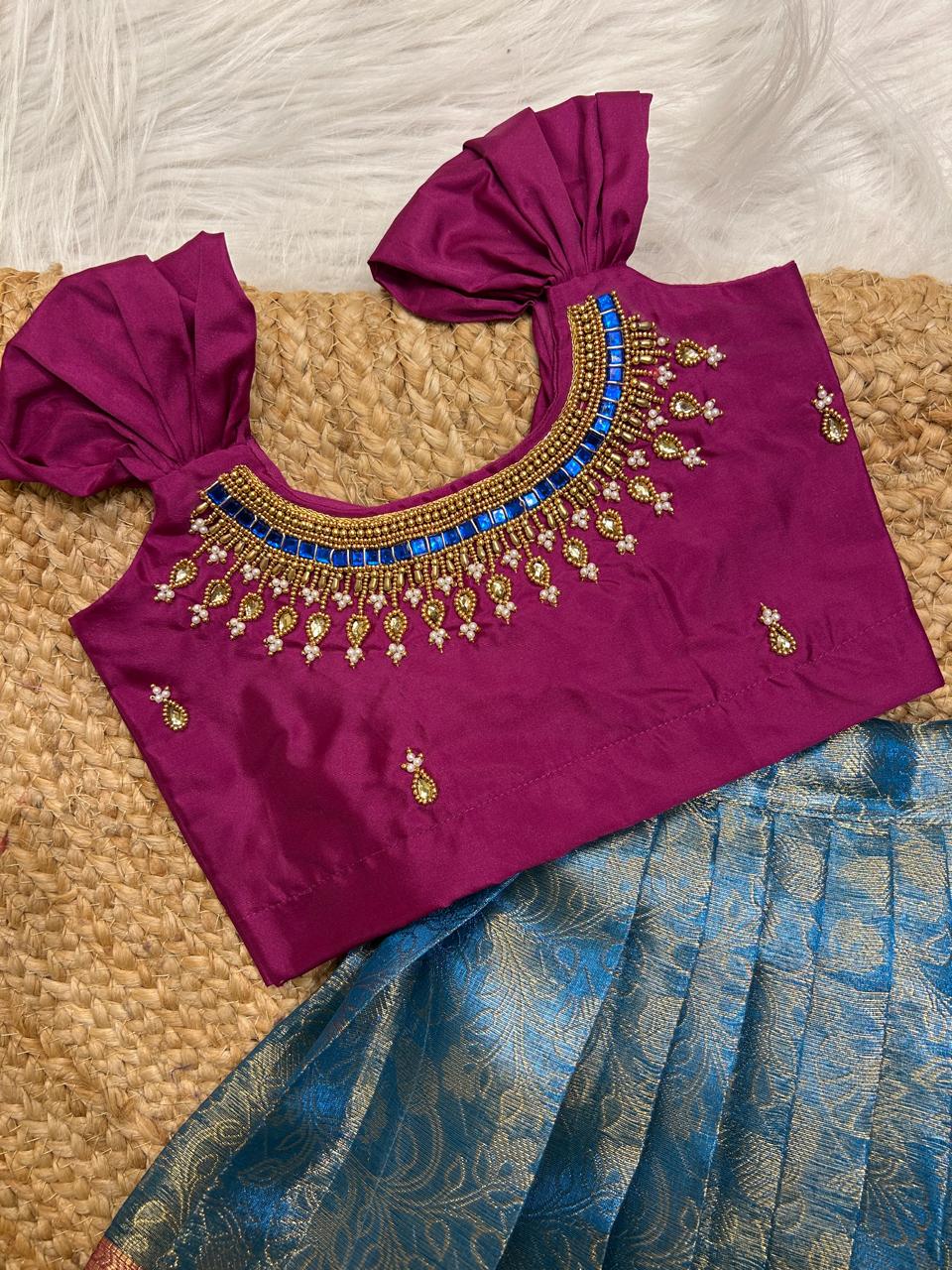 (SB367)Pink with Blue Aari Visiri Hand Pavadai Sattai – Shewings by Bavani